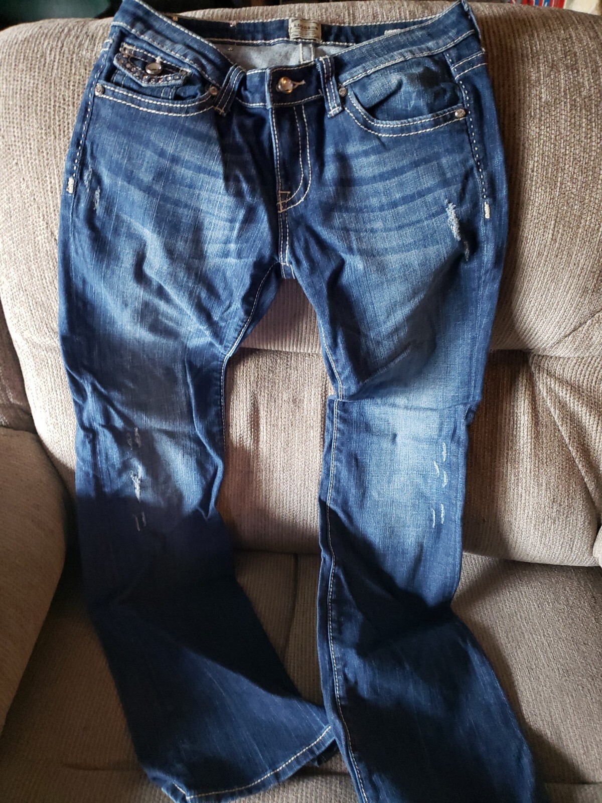 Anoname Joelle Navy Blue Boot Cut Jeans Womans Size 28 Bling Pockets | eBay