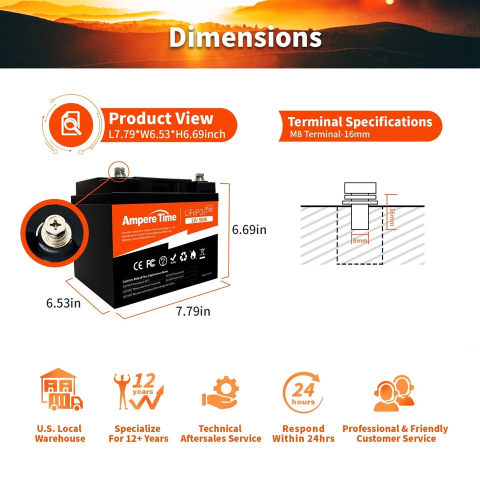 Ampere Time 12V 50Ah 100Ah 200Ah LiFePO4 Lithium Battery for RV Off ...