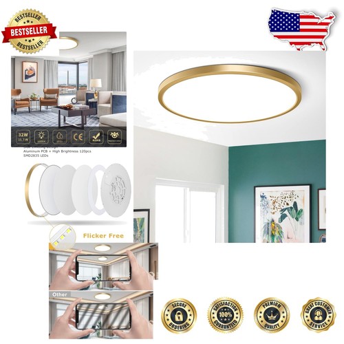 32W Gold Round LED Flush Mount Light - 3800 Lumens, Daylight White ...