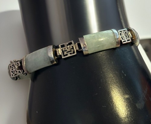Vintage Sterling Silver 925 Green Jade Bar Panel Bracelet Good Luck | eBay