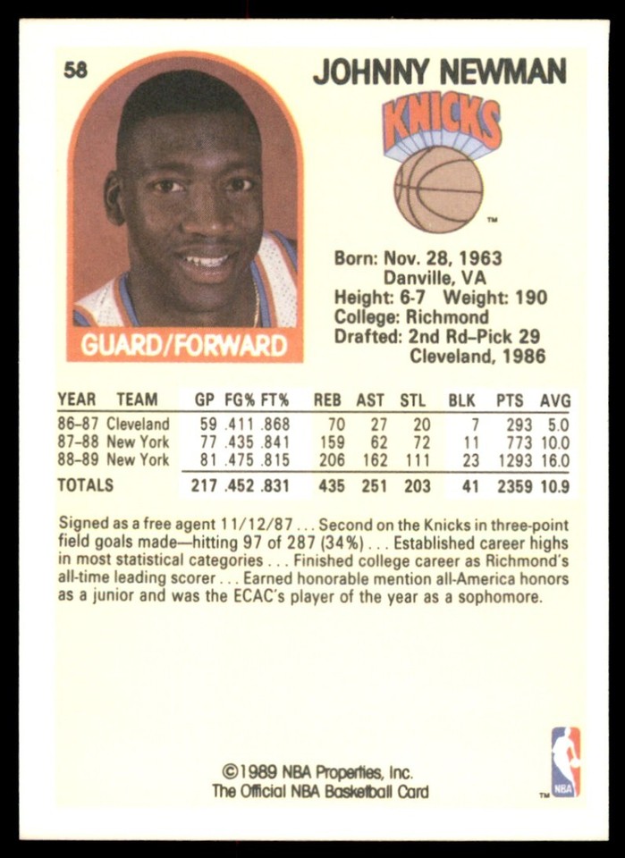 1989-90 NBA Hoops Basketball Johnny Newman Rookie New York Knicks #58 ...
