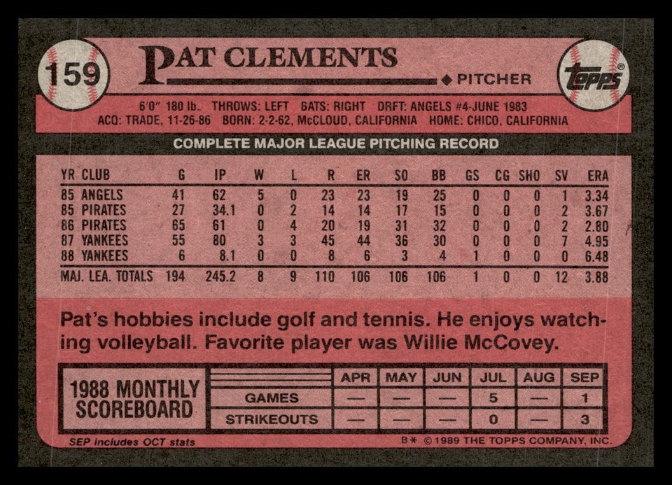 1989 Topps #159 Pat Clements New York Yankees Baseball Card | eBay