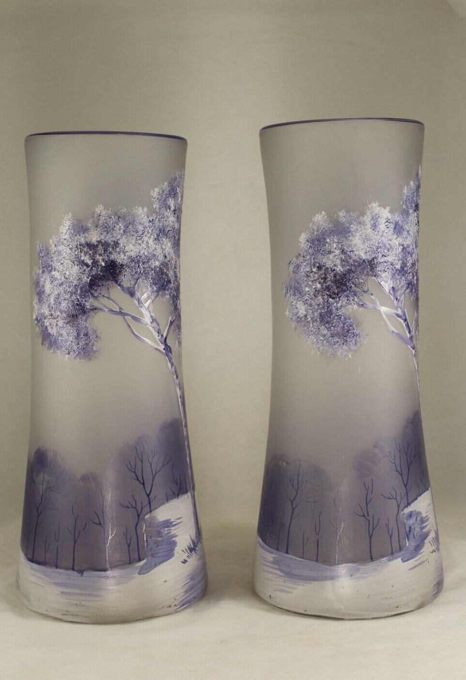 Pair Fine Vintage 9" Frosted Art Glass Vases w Enamel Winter Scene ...