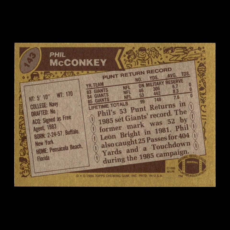 Phil McConkey 1986 Topps Rookie New York Giants #143 Great Set! | eBay