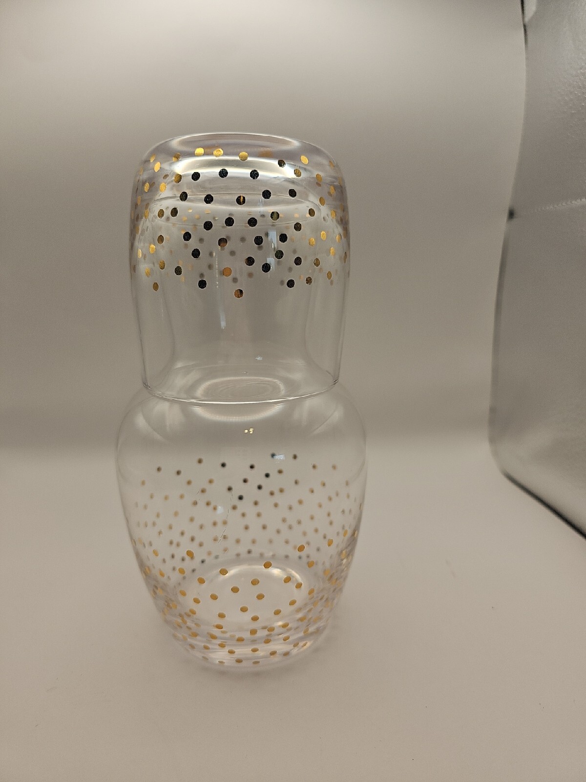 Glass Tumble Up Set Carafe. Clear Glass With Gold Polka-dots. 8 Inches ...