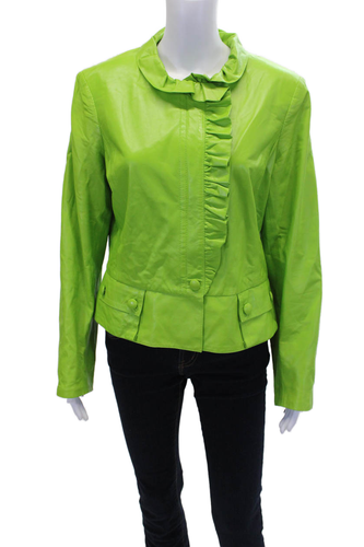 SoCa St. John Womens Front Zip Crew Neck Ruffled Leather Jacket Green ...