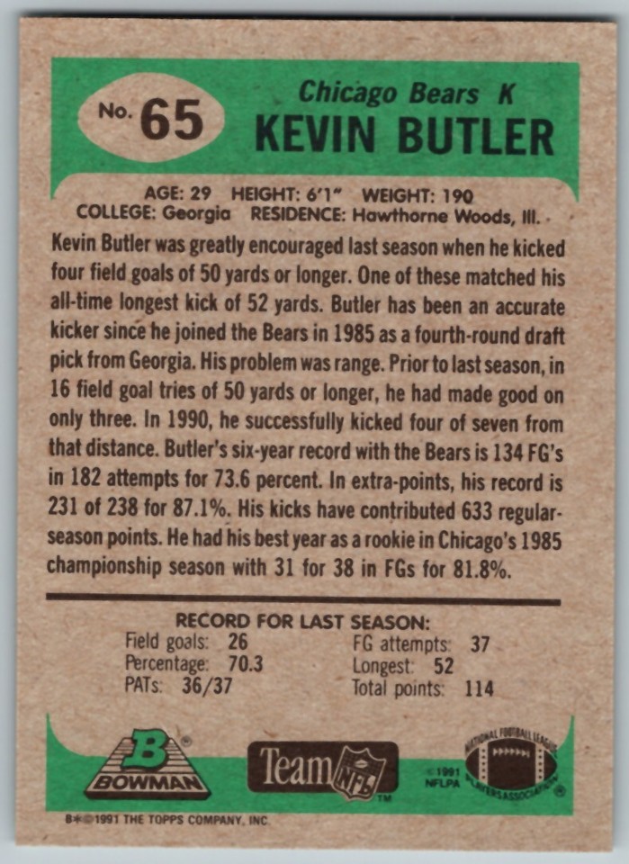1991 BOWMAN KEVIN BUTLER CHICAGO BEARS #65 | eBay
