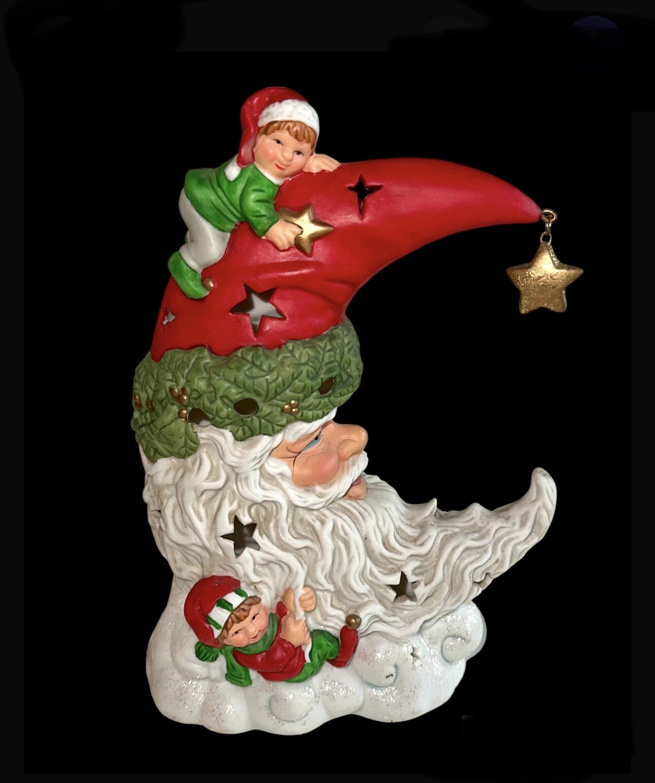 Santa Half Moon and Elves Ceramic Tea Light Candle Holder Christmas 8 ...