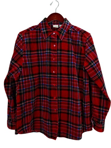 LL Bean Red Tartan Plaid Velour Velvet Button Shirt Shacket Size M | eBay