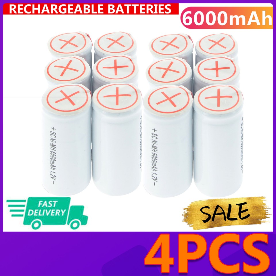 Lot Sub C SubC With Tab 6000mAh 1.2V Ni-MH Rechargeable Battery White ...