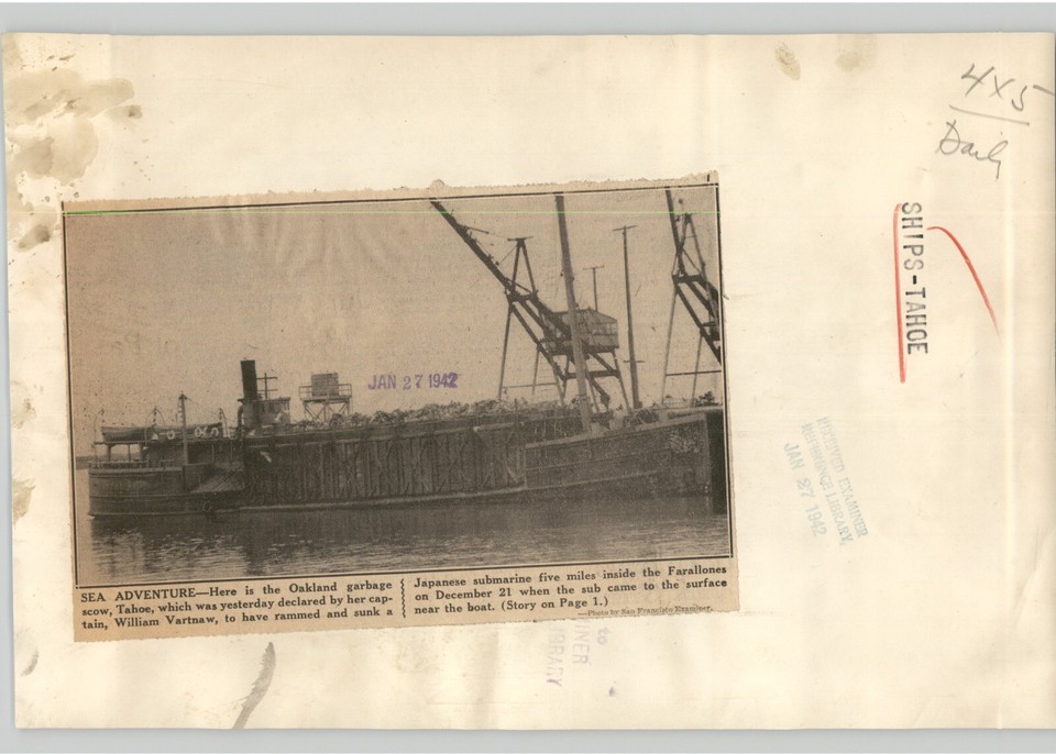 Oakland Garbage Scow TAHOE Japanese Submarine Collision WWII 1942 Press ...