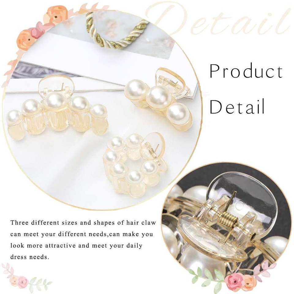 3Pcs Hair Claw Clamps Pearl Barrettes Non Slip Clips Accessories for ...