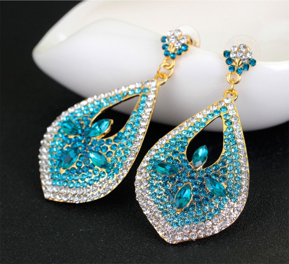 Lily Teal Austrian Rhinestone Crystal Dangle Drop Earrings Bridal Prom ...
