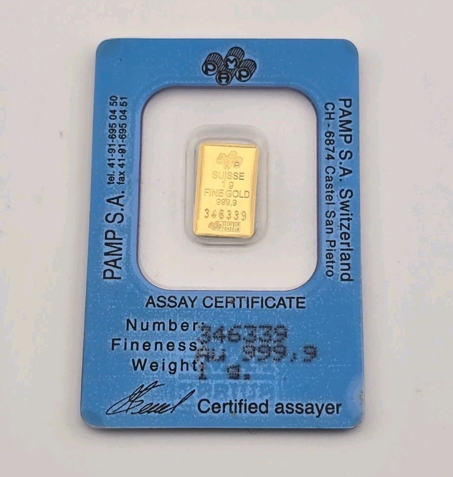 PAMP Suisse Vintage 1g Gold Bar Assay Sealed Old Light Blue Package ...