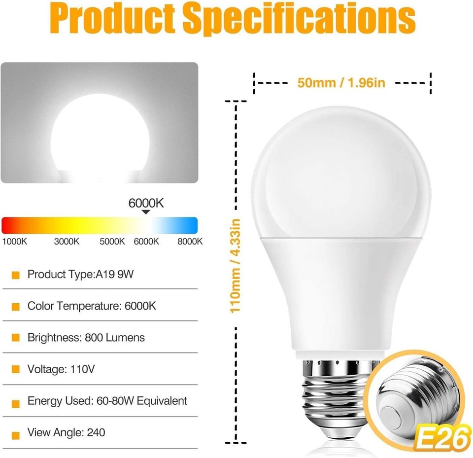Full Spectrum Light Bulb, 6000K Natural Sunlight Bulbs, 9W 60W ...