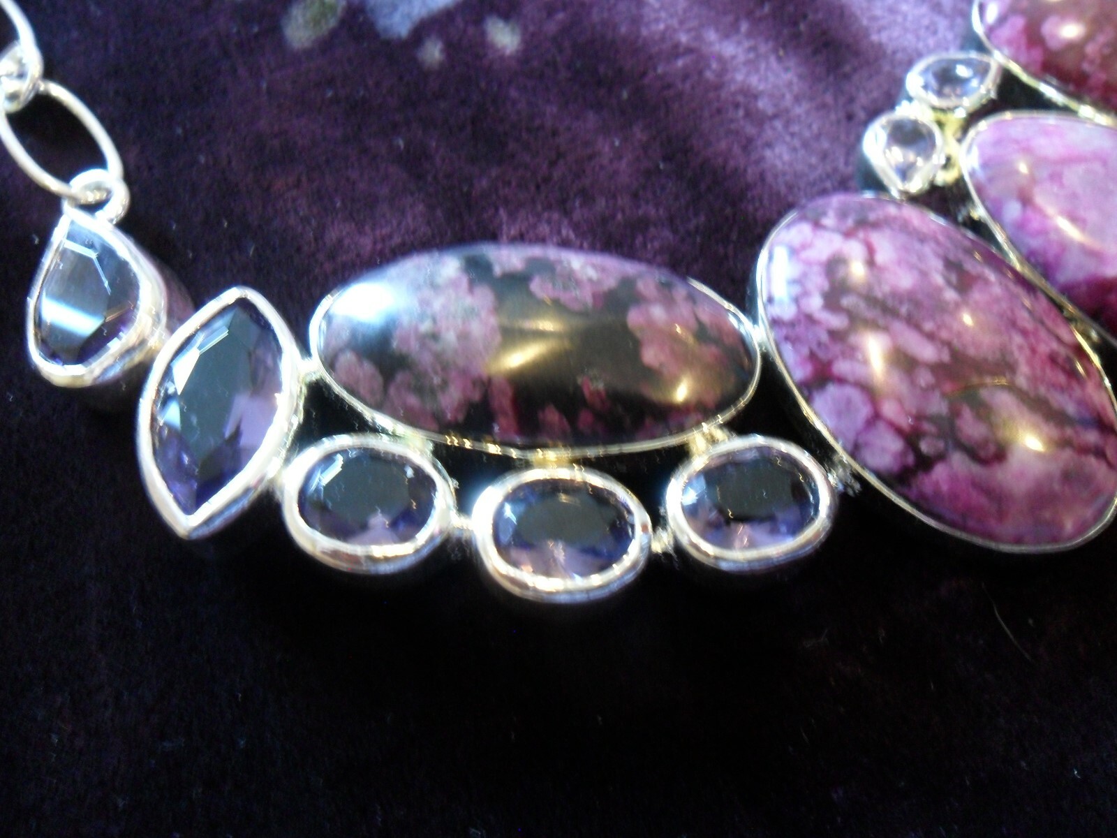 925 SILVER LOOP CHAIN NECKLACE 18" 5 PURPLE TURQUOISE(?) & 12 AMETHYST ...