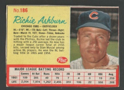 1962 Post Baseball Card #186 Richie Ashburn-Chicago Cubs G-Vg Card | eBay