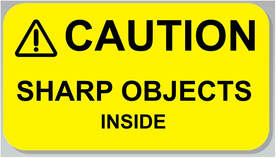 ⚠CAUTION SHARP OBJECTS INSIDE Warning Sticker Label Yellow 2.25" L x 1. ...