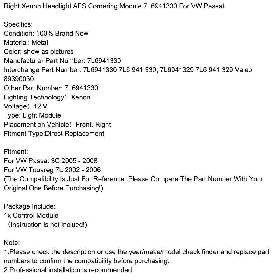 Right Xenon Headlight AFS Cornering Module 7L6941330 For VW Passat ...