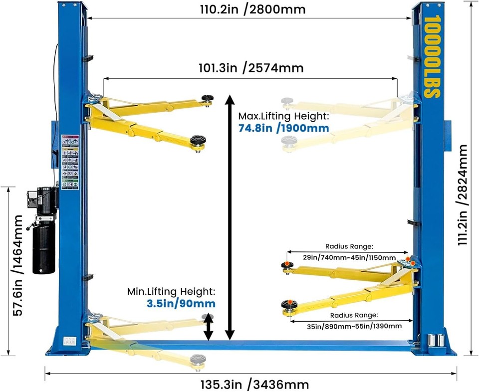 11000 LBS Single-Sided Unlocking Two Post Car Lift Auto Hoist Lift 110 ...