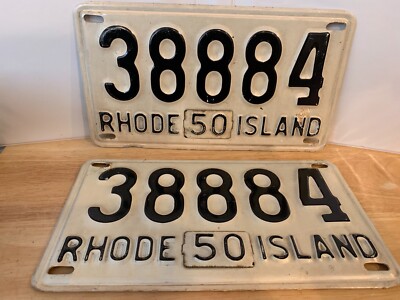 Set of 2 1950 RHODE ISLAND License Plates #38884 with metal clips for ...