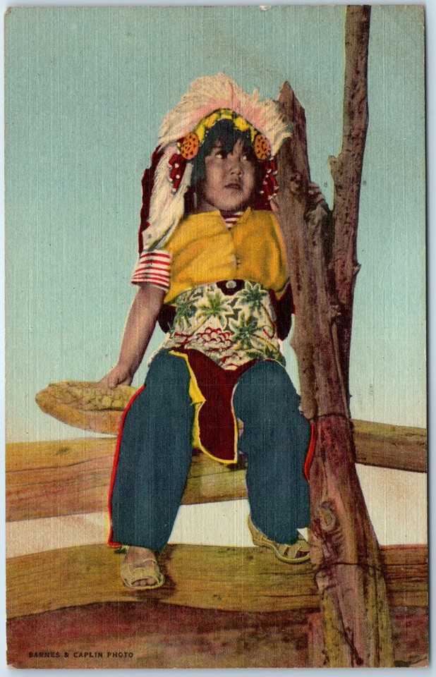 c1940s Native American Child Linen Postcard Indian Dress Headdress ...