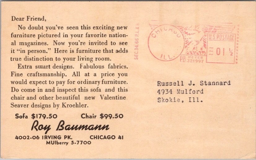 c1950s CHICAGO IL Advertising Postcard RAY BAUMANN FURNITURE Mid ...