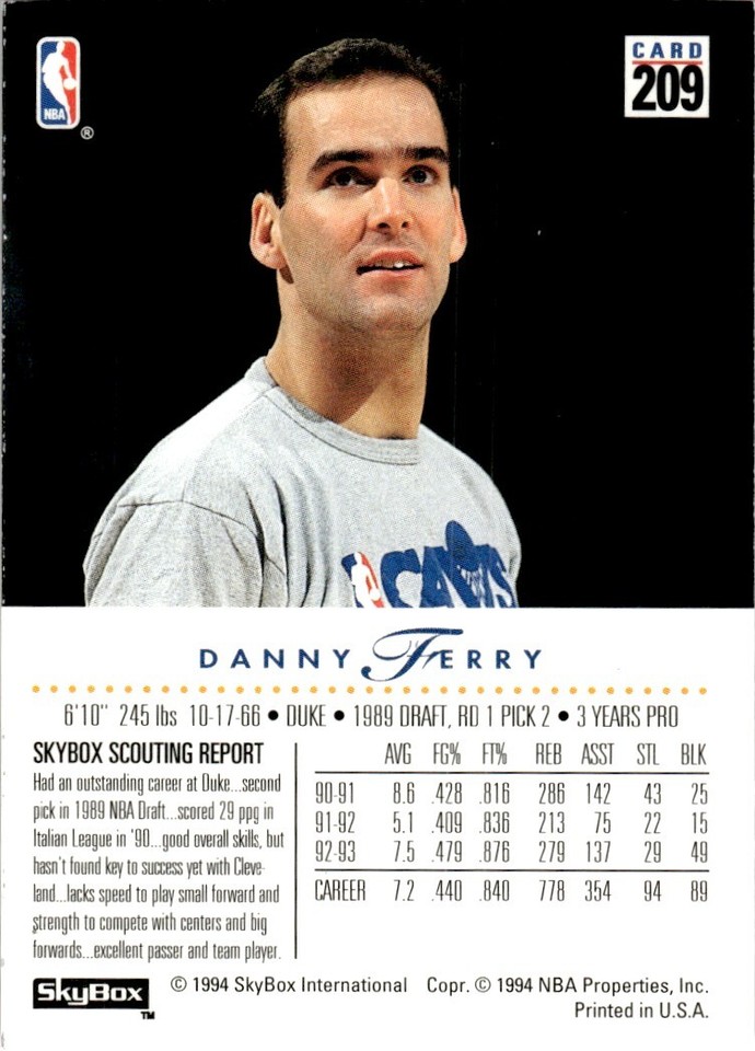 1993-94 SkyBox Basketball Card Danny Ferry Cleveland Cavaliers #209 | eBay