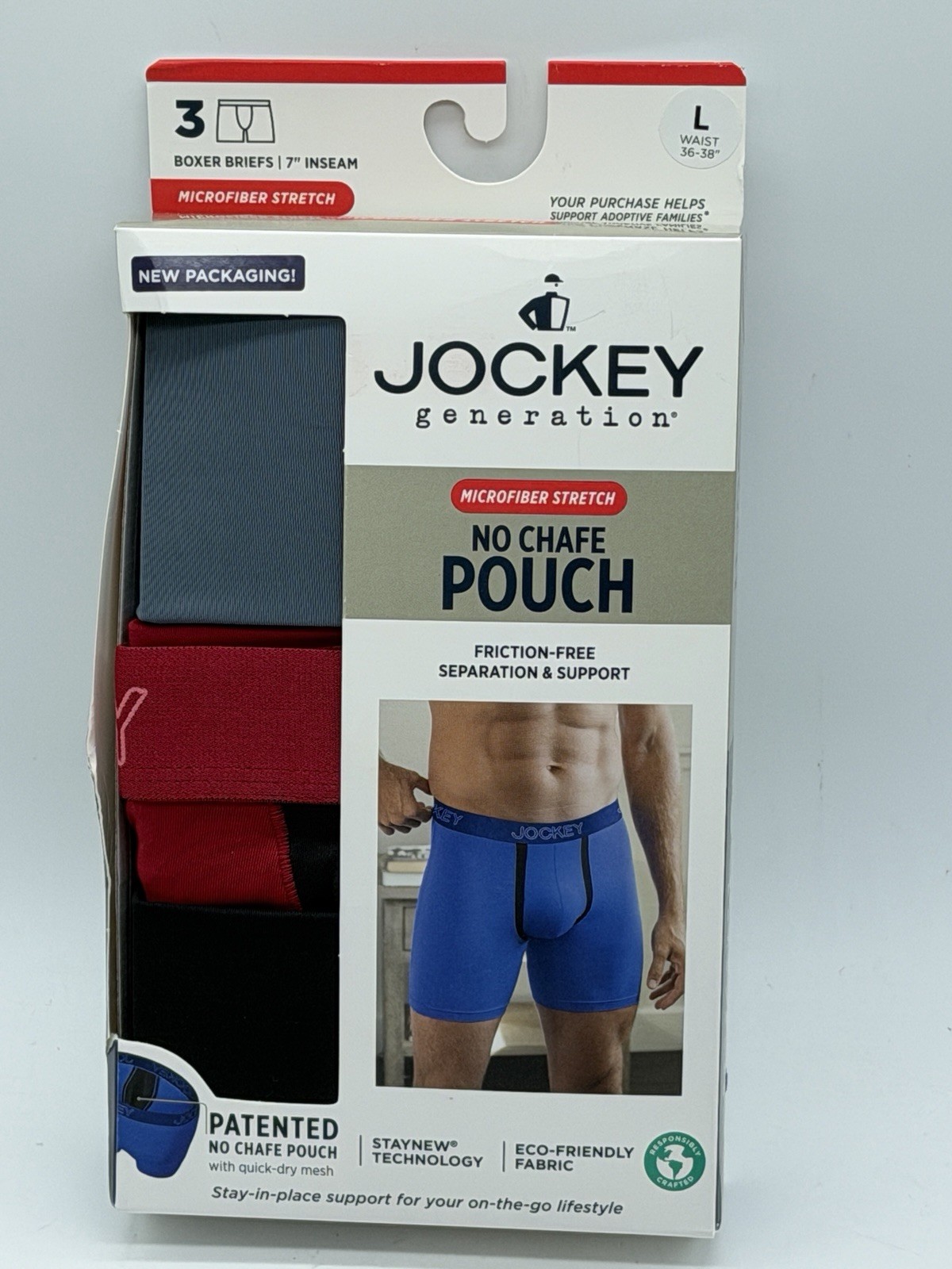 NEW 3 PACK MENS JOCKEY NO CHAFE POUCH 7" INSEAM BOXER BRIEFS SIZE LARGE ...
