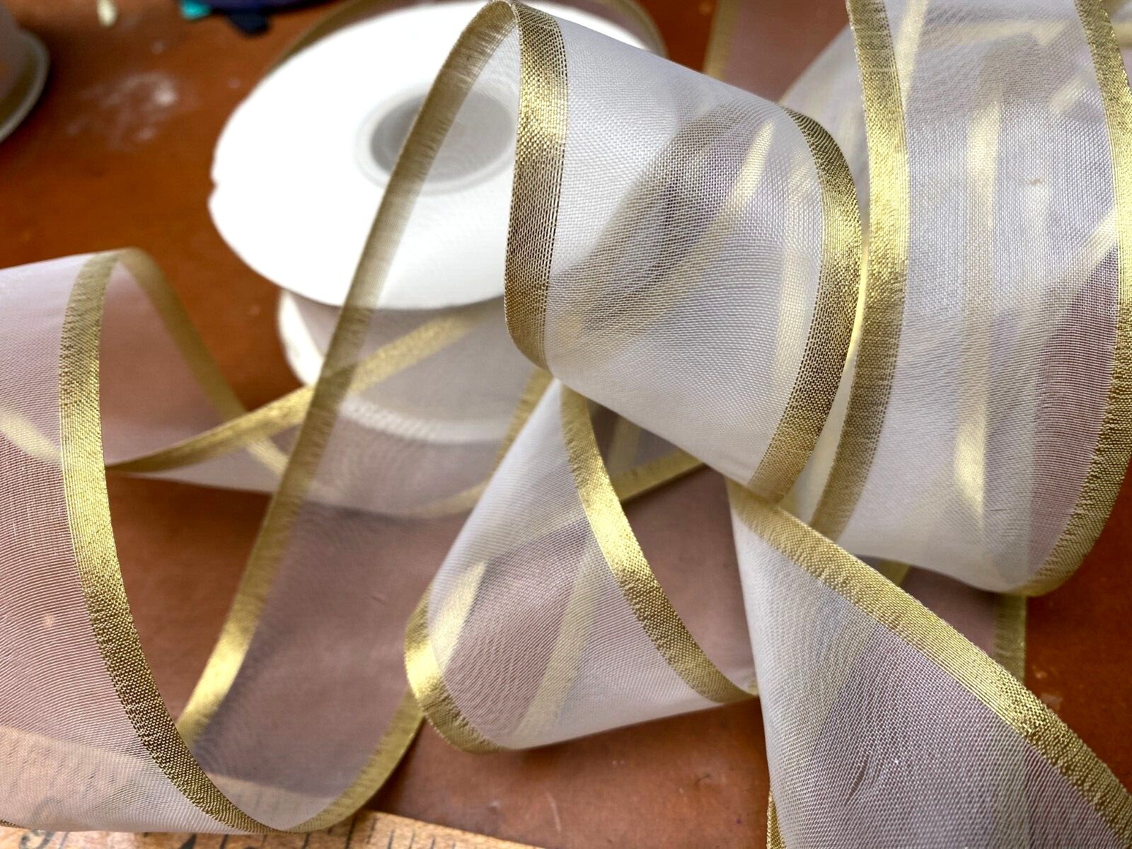 sheer ribbon metallized poly nylon 1.5"x25yds white gold Clearance Sale ...