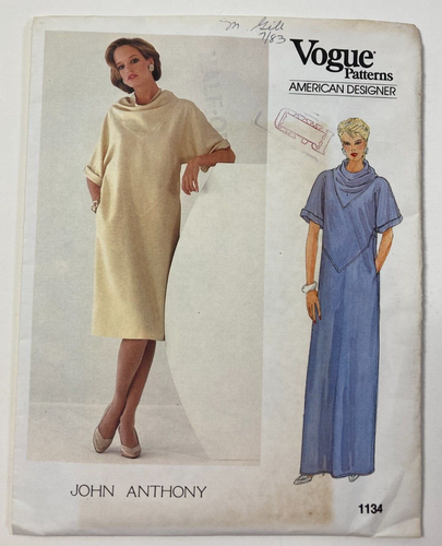 Vogue Designer John Anthony 1134 Cowl Neck Dress Sewing Pattern Sz 12 ...