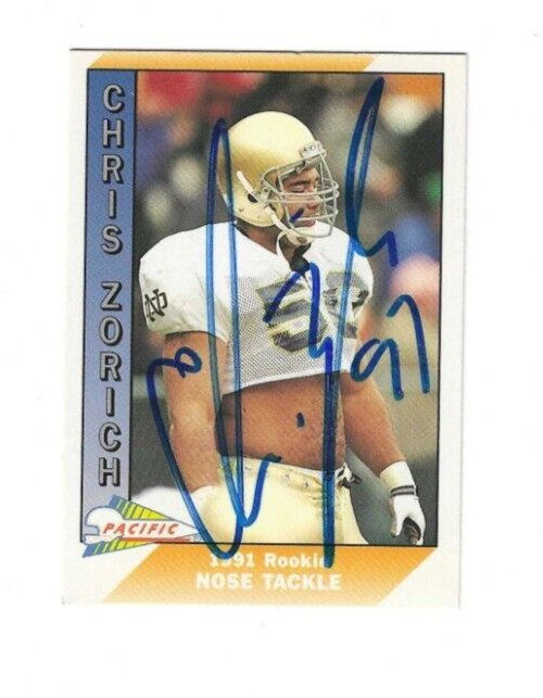 Signed CHRIS ZORICH Notre Dame Fighting Irish 1991 Pacific Card #541 w ...