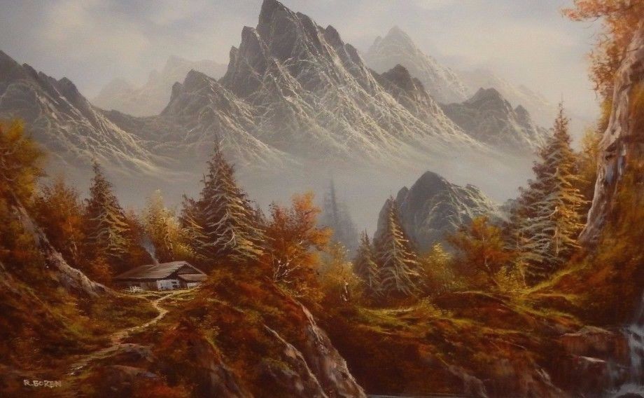 R.BOREN LARGE OIL ON CANVAS MOUNTAIN CABIN WATERFALL PAINTING | eBay