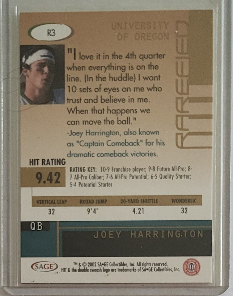 2002 SAGE HIT Rarefied Silver #R3 Joey Harrington Oregon Ducks Football ...