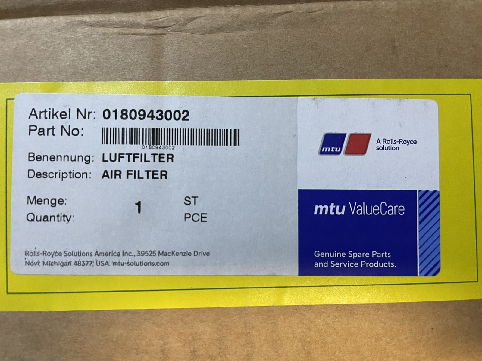 MTU 0180943002 Air Filter Element MTU Detroit Diesel 4- Available | eBay