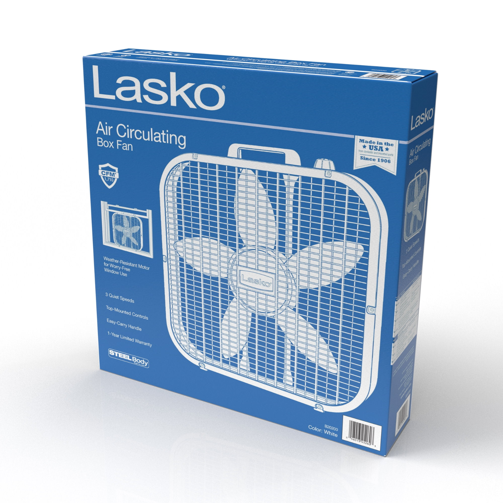 Lasko 20" Classic Box Fan with Weather-Resistant Motor, 3 Speeds, 22.5 ...