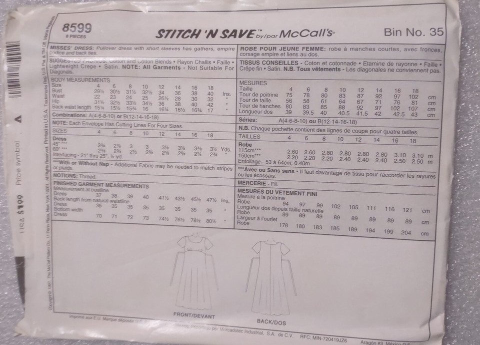 McCall's 8599 Misses Stitch N' Save Empire Bodice Dress Pattern Sz 12 ...