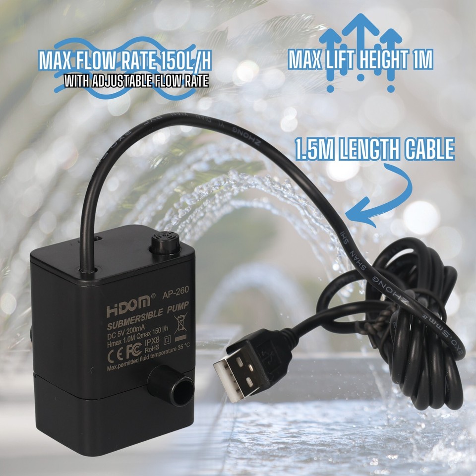 Submersible USB Compact Water Pump For Indoor/Garden Water Feature ...