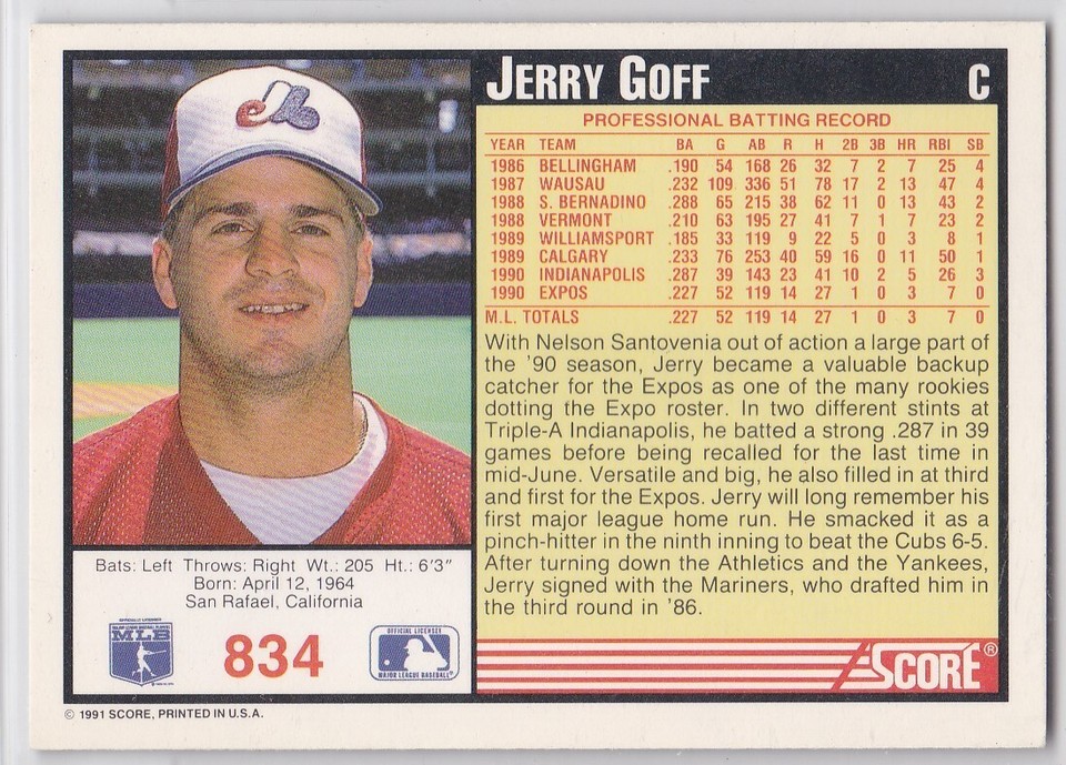 M) 1991 Score Baseball Trading Card - Jerry Goff #834 | eBay