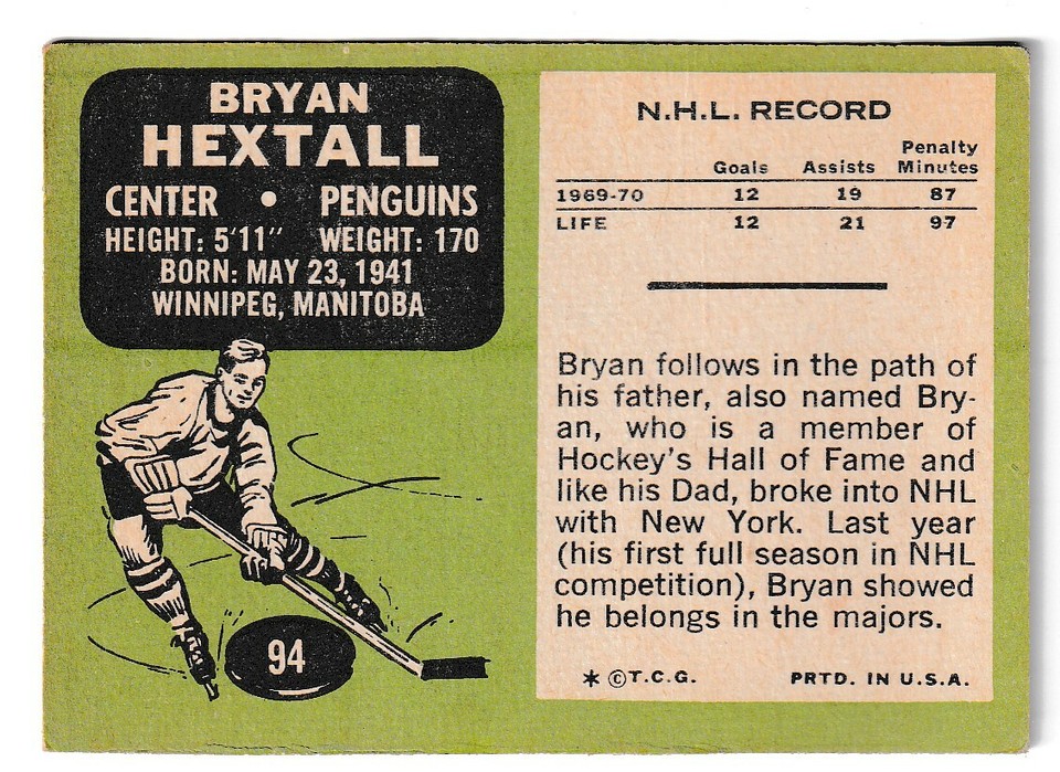 Bryan Hextall 1970-71 Topps NHL Card # 94 Penguins | eBay