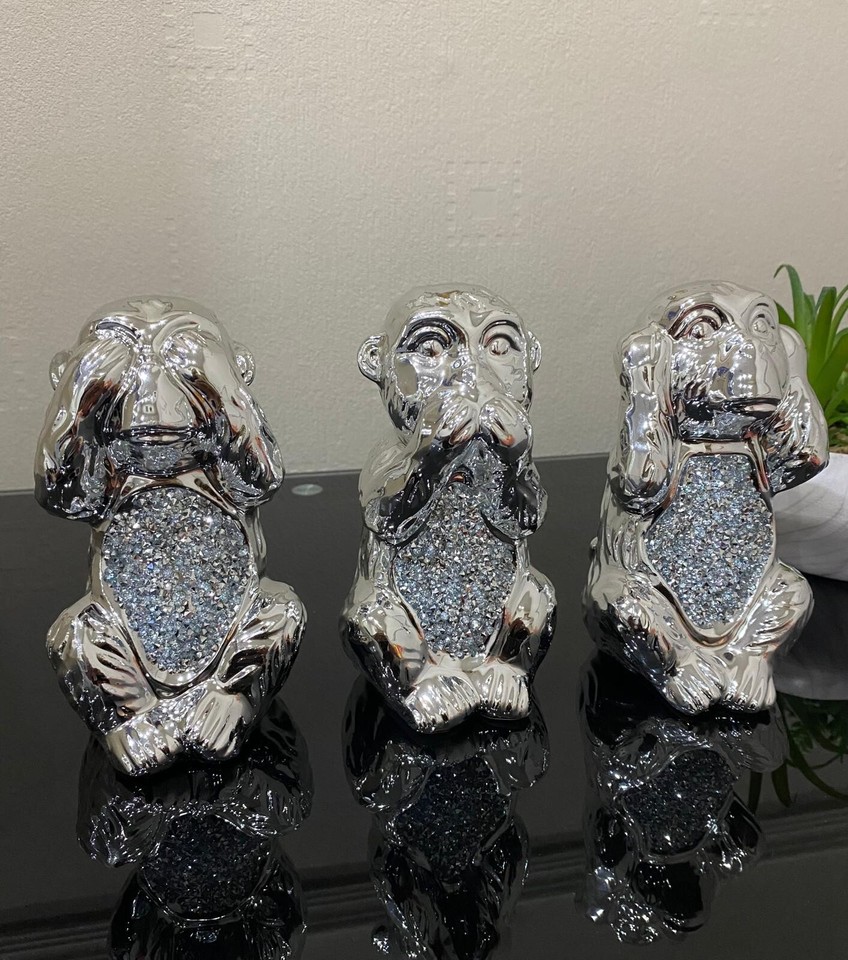 Set of 3 Wise Monkey Bling Diamond Crushed Crystal Silver Ornament Home ...