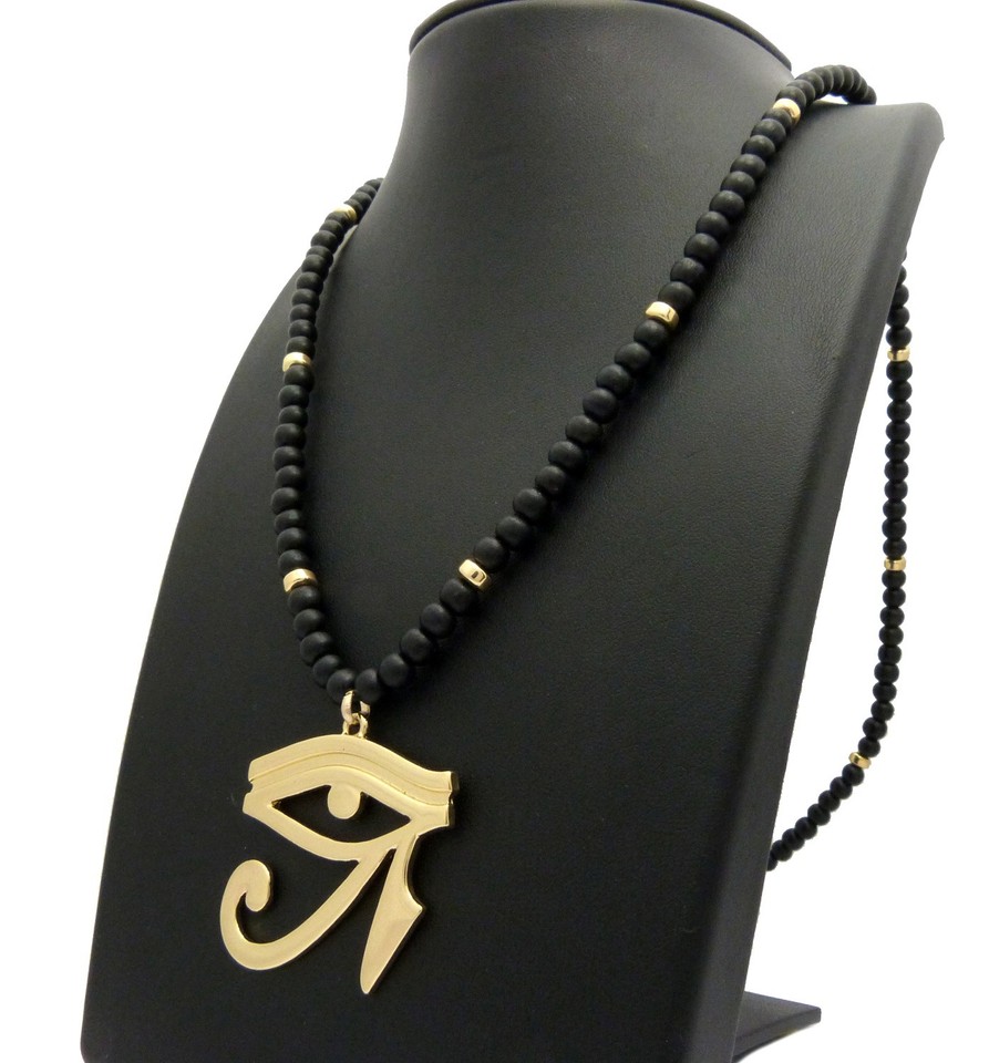 NEW EGYPTIAN EYE OF HERU PENDANT & 30" WOODEN CHAIN HIP HOP NECKLACE ...