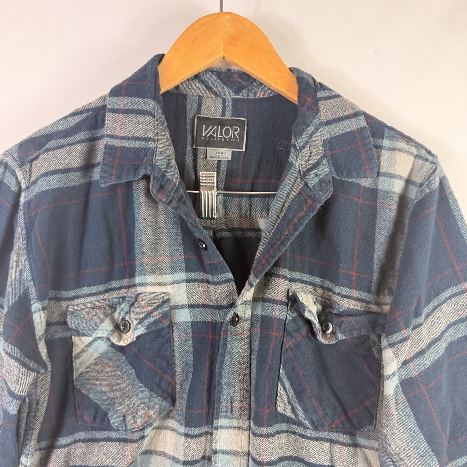 Valor Collective Mens L Flannel Gray Blue Plaid Long Sleeve Shirt ...