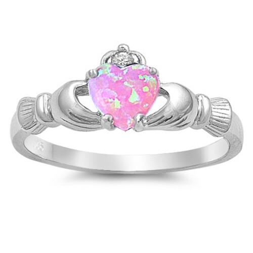 Claddagh 9 mm Ring Sterling Silver 925 Pink Lab Opal Clear CZ 9 mm ...