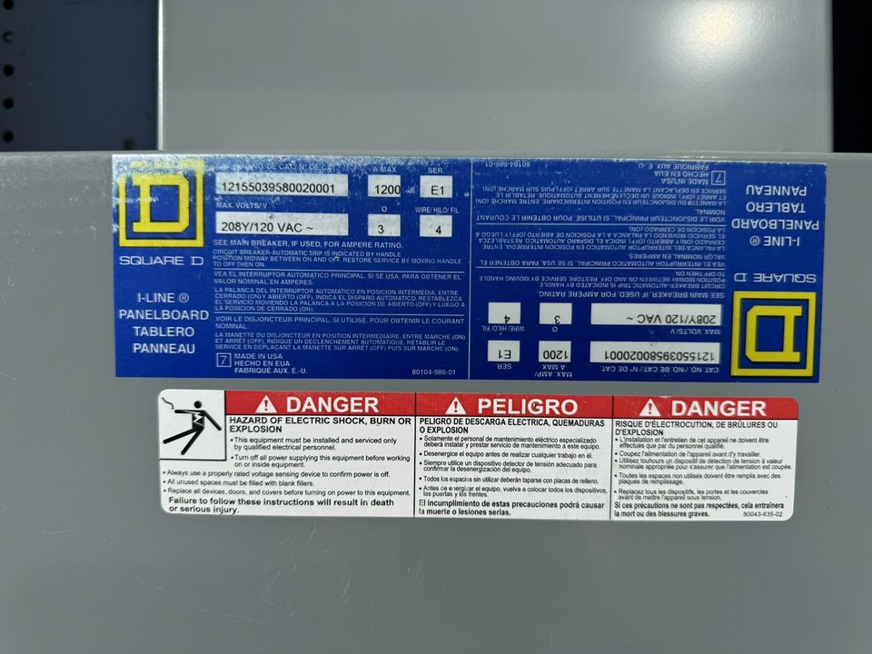 Square D 1200 Amp Main Lug Panelboard 208/120V 3P4W Nema 3R Outdoor ...