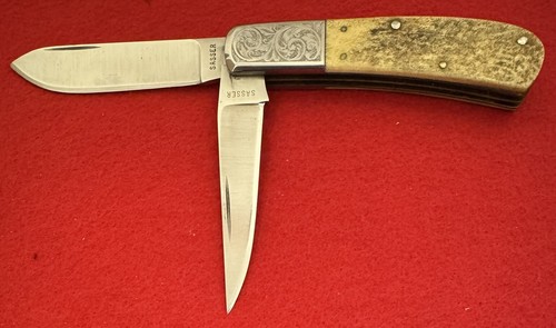 JIM SASSER CUSTOM 2 BLADE TRAPPER FOLDING POCKET KNIFE, ELK, ENGRAVED ...