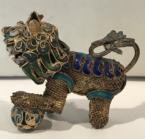 Antique Miniature Chinese Foo Dog Lion ~ Gold Over Silver Filigree and ...