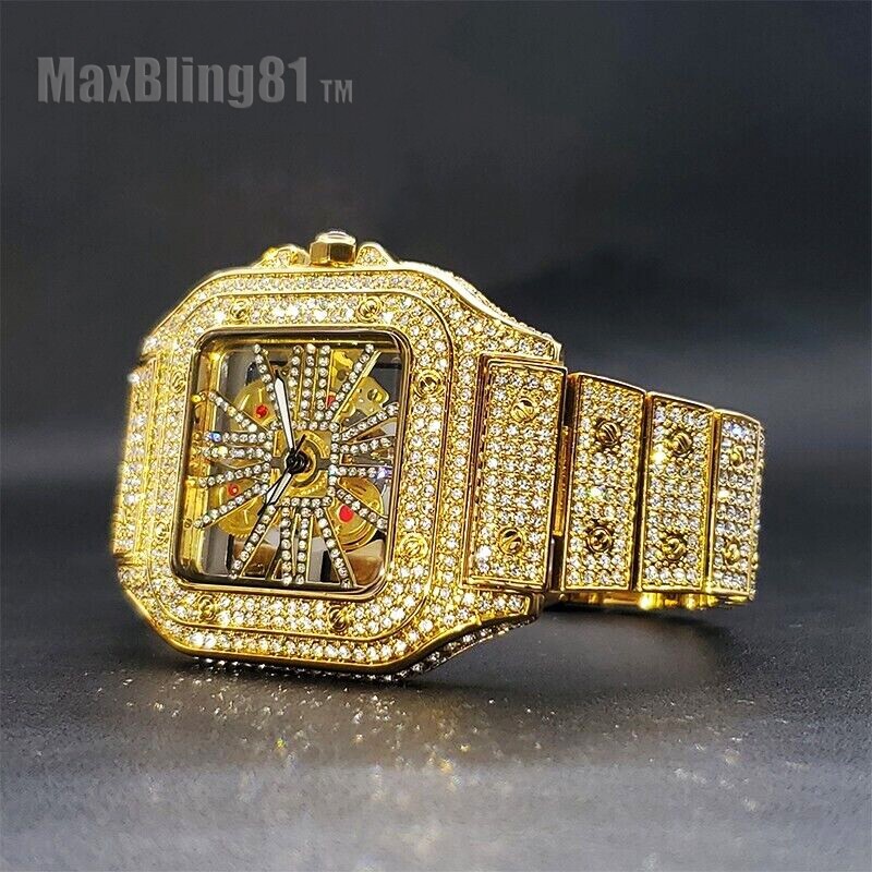 MEN'S LUXURY WATCH FULLY ICED BAND SKELECTON DIAL SIMULATED DIAMOND ...