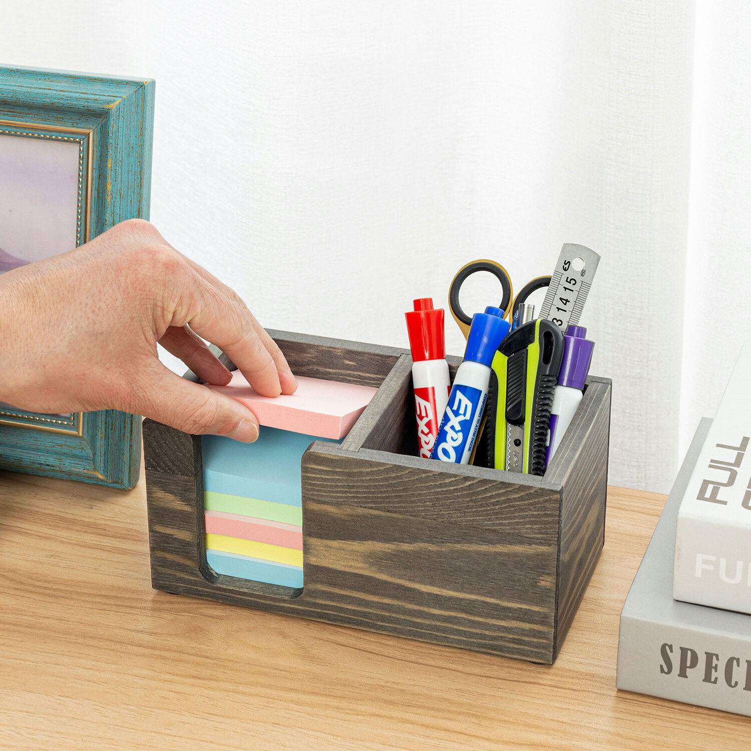 Gray Wood Office Desktop Storage Caddy, Sticky Note & Stationery Holder ...