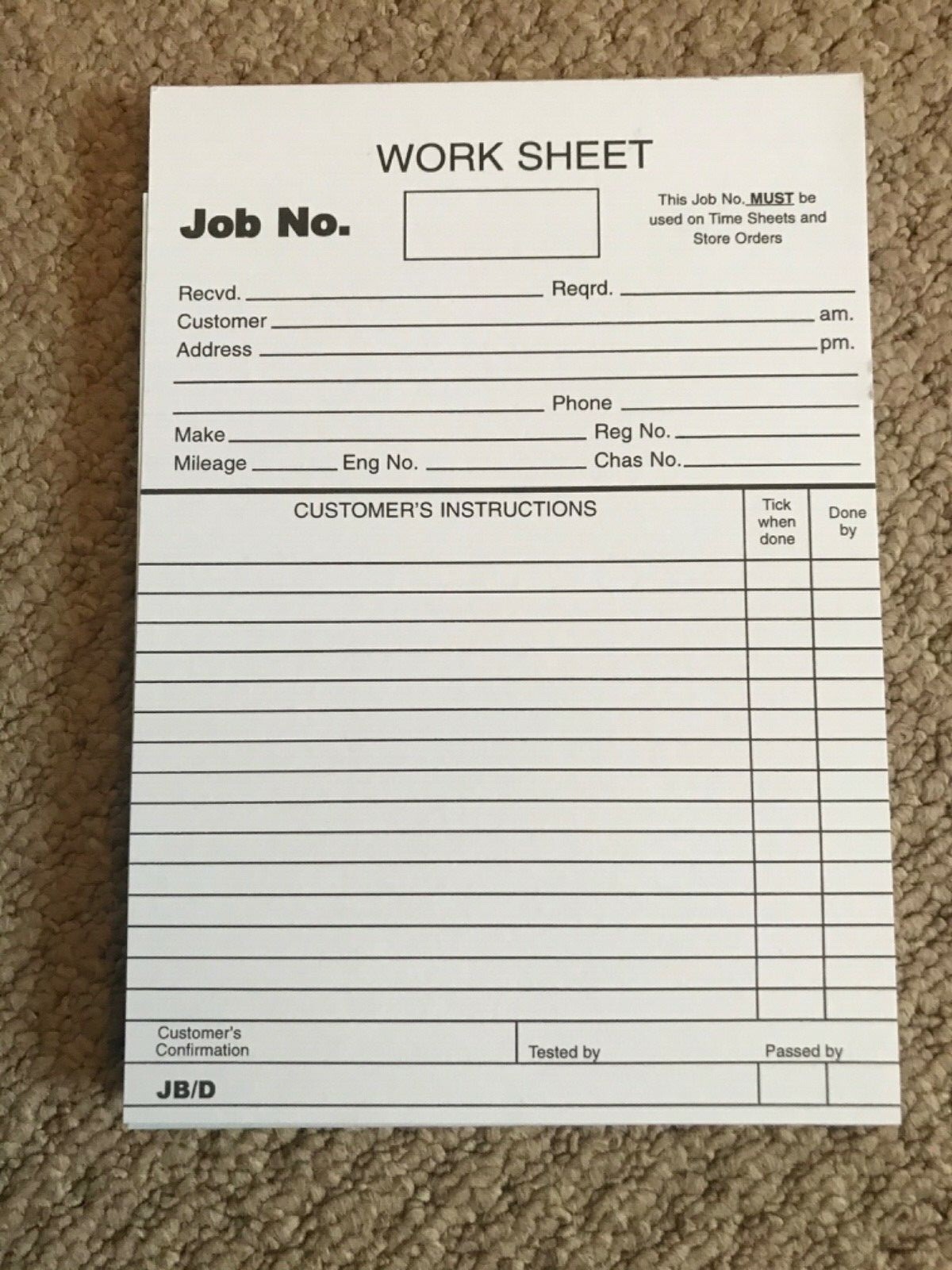 WORKSHOP JOB CARD GARAGE JOB CARD WORK REPAIR SHEET REPAIR JOB SHEET ...